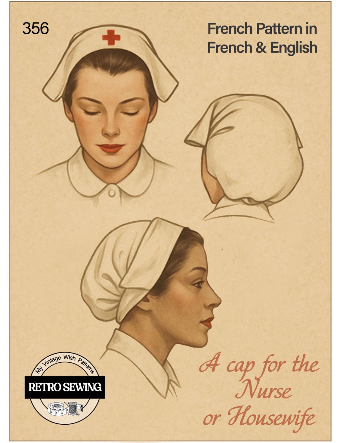 1940s Nurse Cap Sewing Pattern: Retro Housewife Hat DIY (printable PDF ...