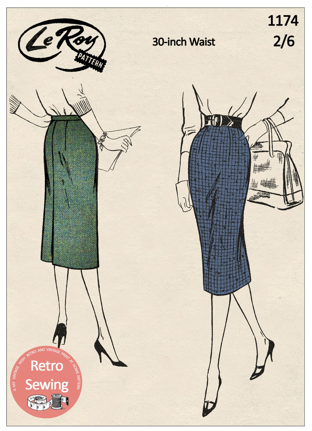 1950's Pencil Skirt PDF Print at Home Sewing Pattern Waist 30 - Etsy