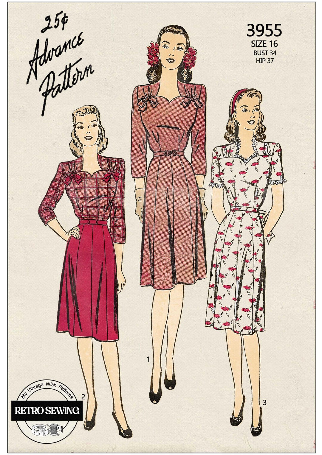 1940s Tea Dress Sewing Pattern: Sweetheart Neckline, Bust 34 - Etsy
