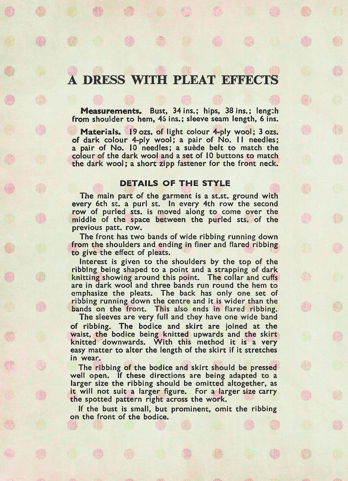 1930s Knitted Dress Pattern PDF – Pleat Effect Vintage Knitting Pattern ...