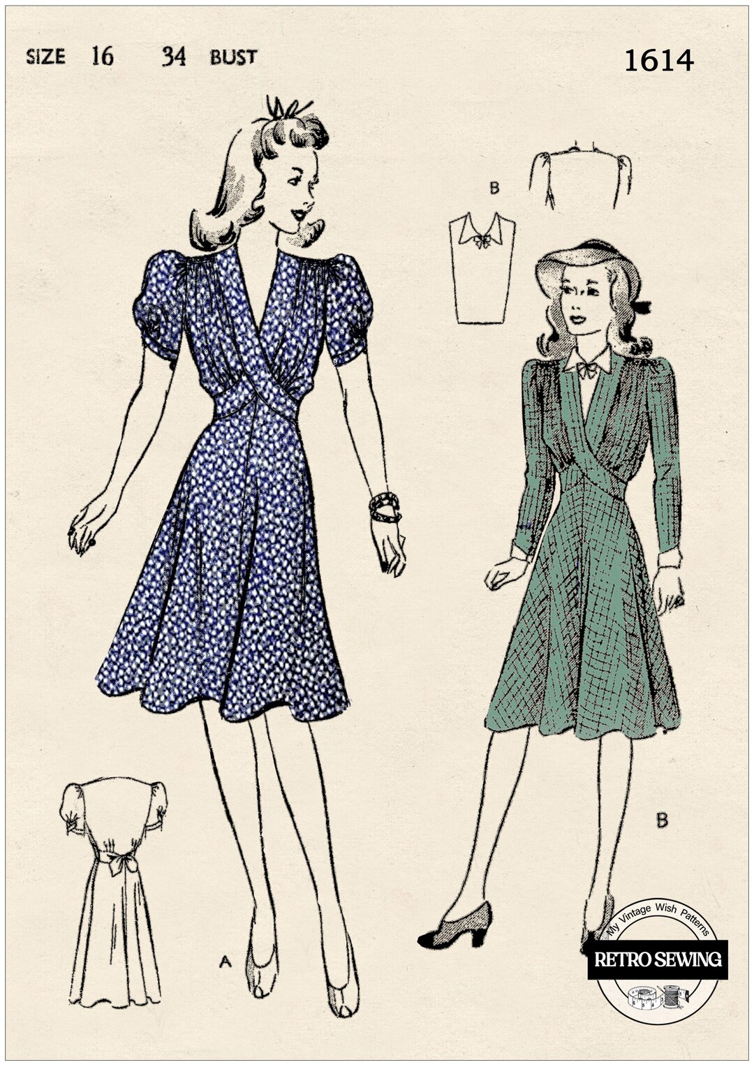 1940s Wartime Tea Dress PDF Sewing Pattern With Dickie Front – Vintage ...