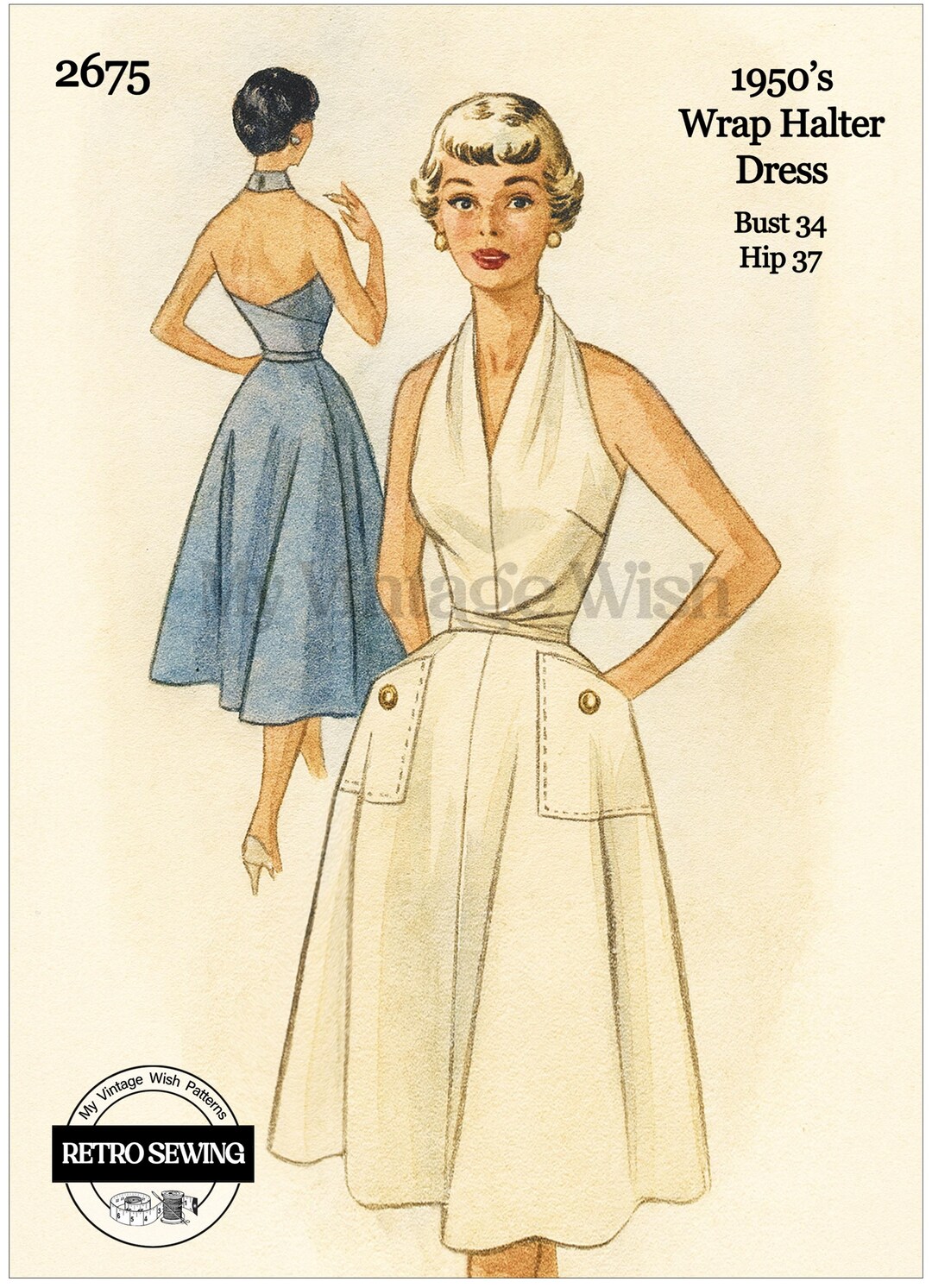 1950s Halter Dress Sewing Pattern: Back Wrap Style (bust 34, Hip 37 ...