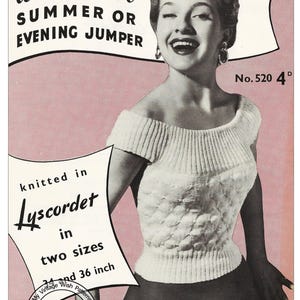 1950's Pin up off Shoulder Sweater PDF Knitting Pattern in Two Sizes - Etsy