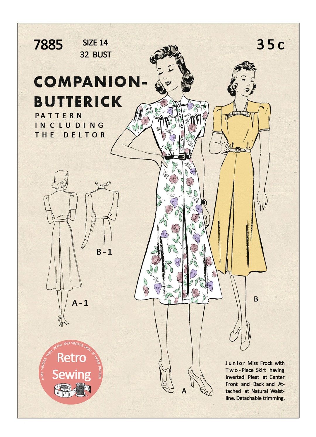 1930s Stylish Tea Frock Ready Printed Sewing Pattern Bust 32 Etsy