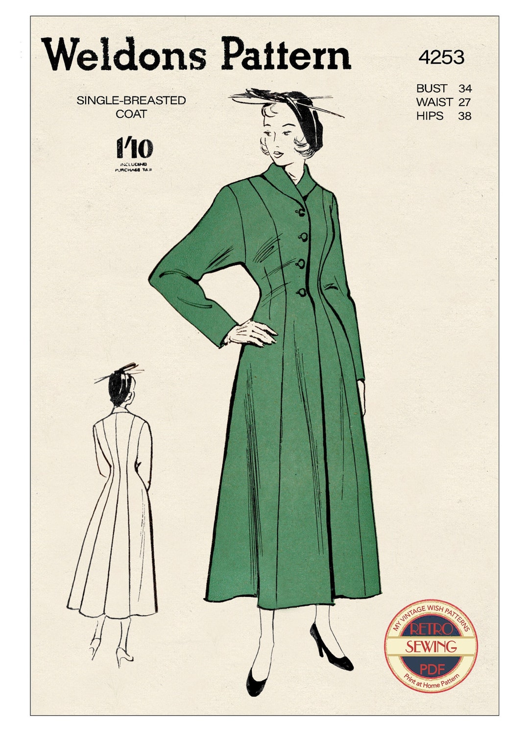 1940s Single Breasted Princess Coat PDF Sewing Pattern Bust 34 - Etsy