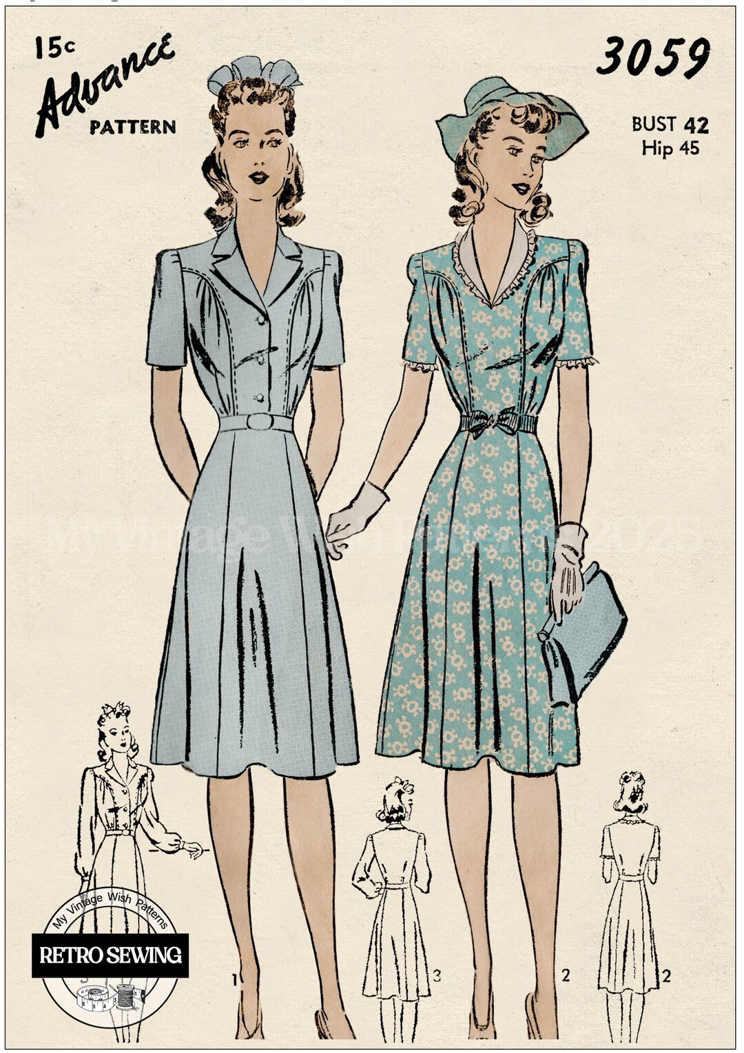 Authentic 1940s Tea Dress PDF Sewing Pattern – Wartime 1942 Design ...