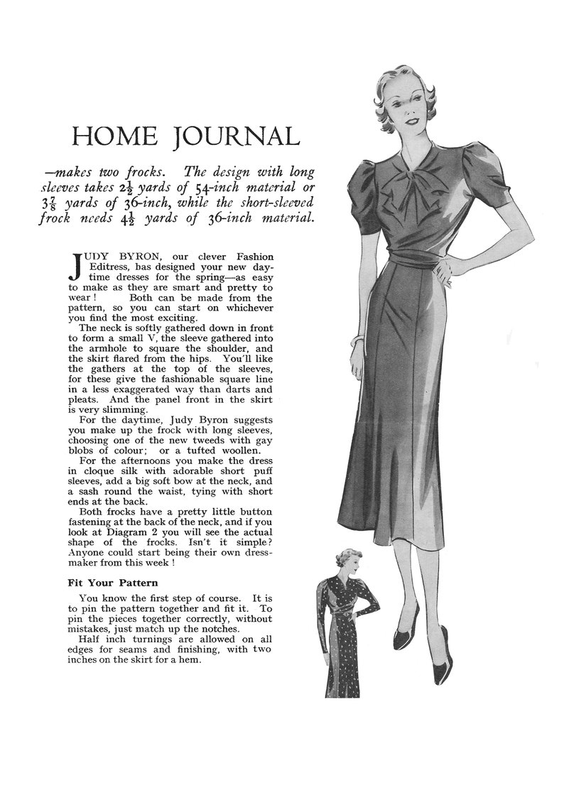 1930s Pretty Pussy Bow Tea Dress Pdf Print At Home Sewing Etsy