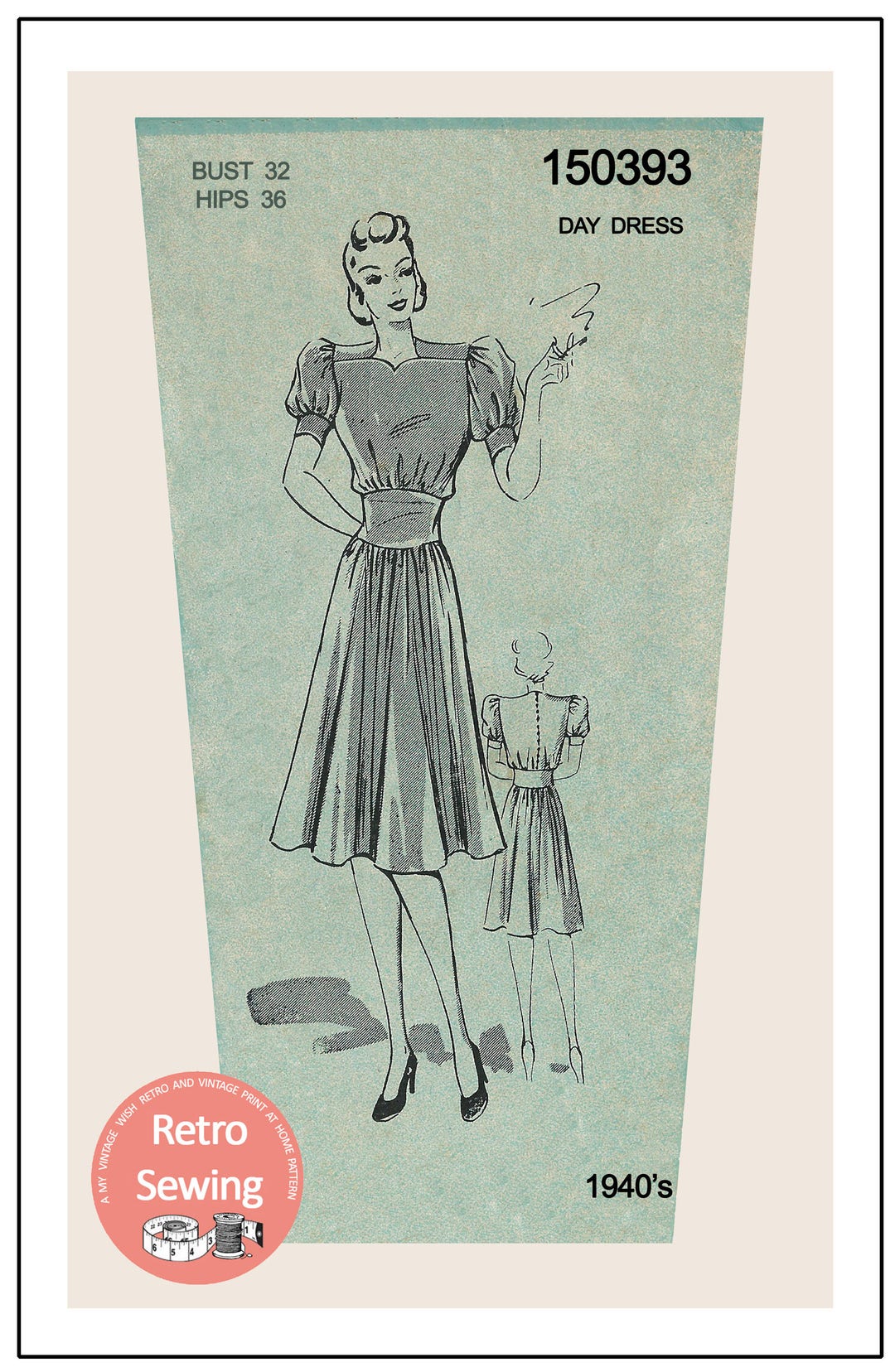 1940s Puff Sleeve Tea Dress PDF Print at Home Sewing Pattern Bust 32 - Etsy