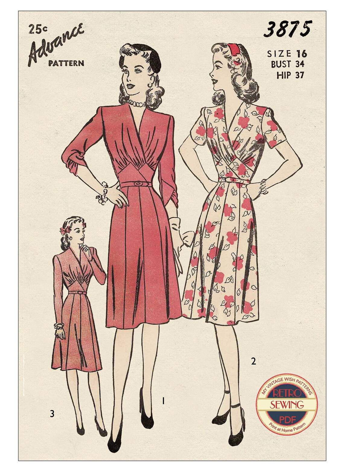 1940s Pretty Tea Dress PDF Print at Home Sewing Pattern Bust | Etsy