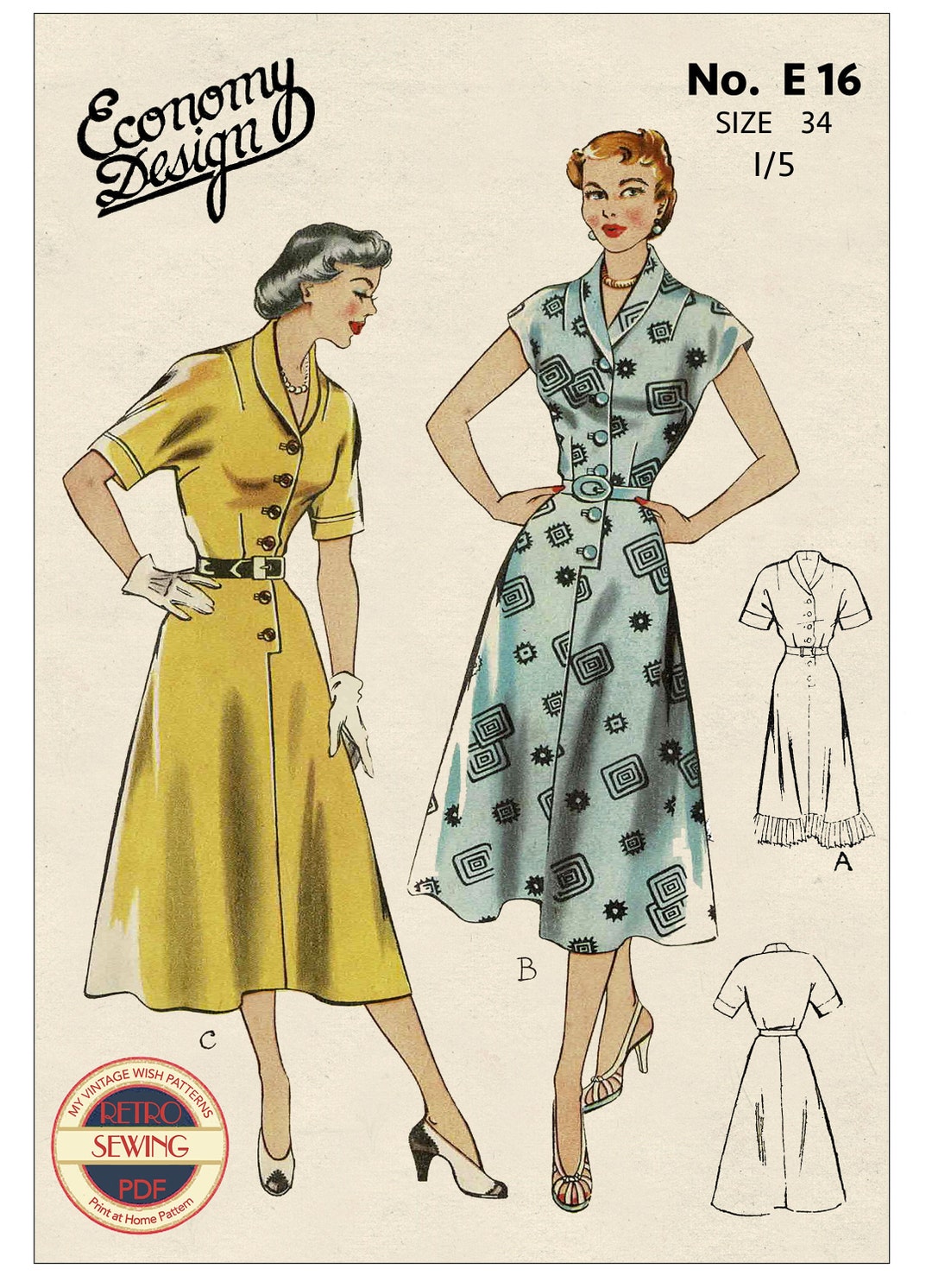 1940s Roll Collar Dress Sewing Pattern Bust 34 - Etsy