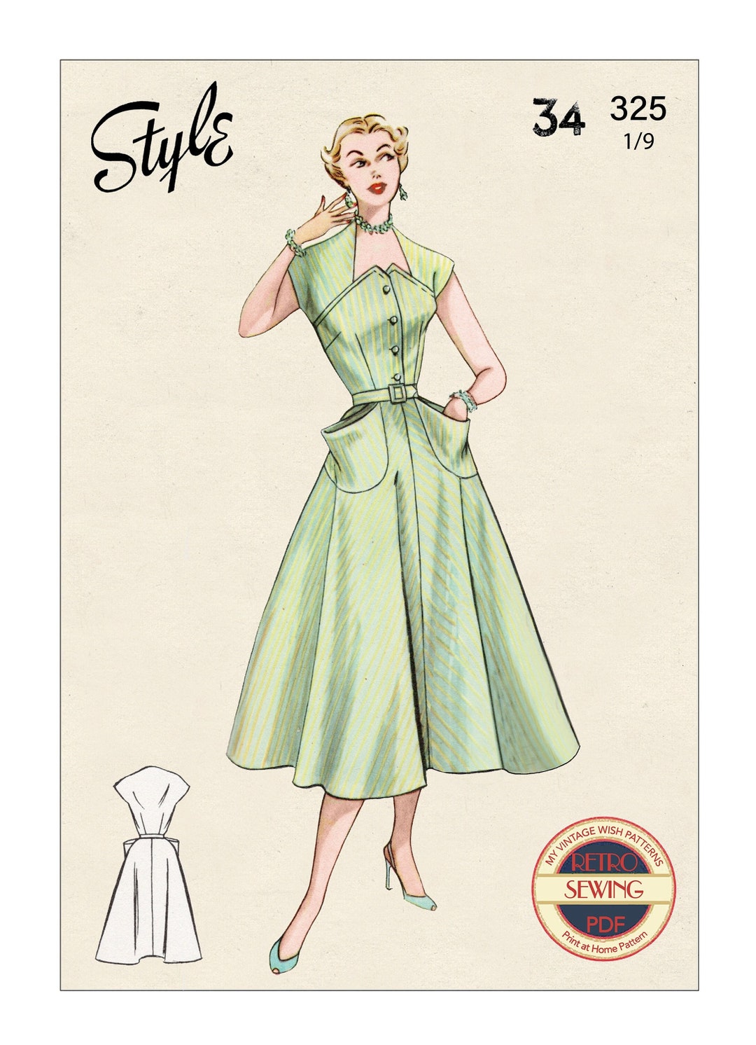 1950s Summer Dress With Slouch Pockets PDF Sewing Pattern Bust 34 - Etsy