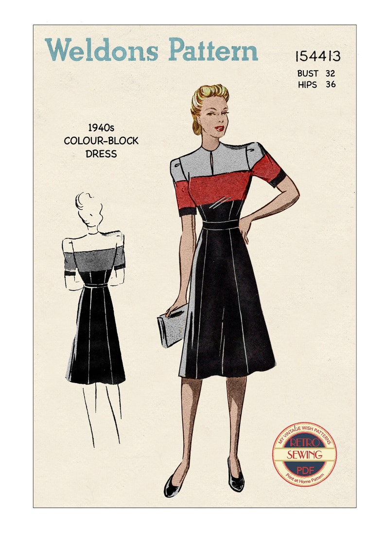 1940s Colour Block Dress PDF Sewing Pattern Bust 32 - Etsy