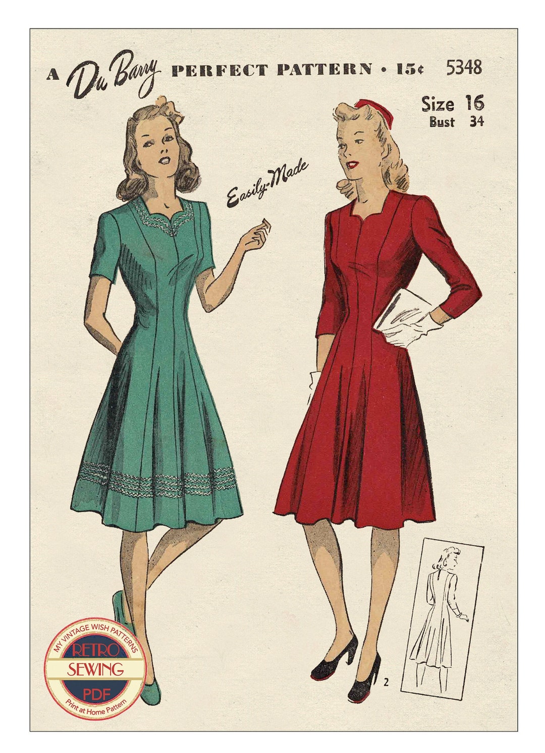 1940s Easy Princess Dress PDF Print at Home Sewing Pattern Bust 34 - Etsy