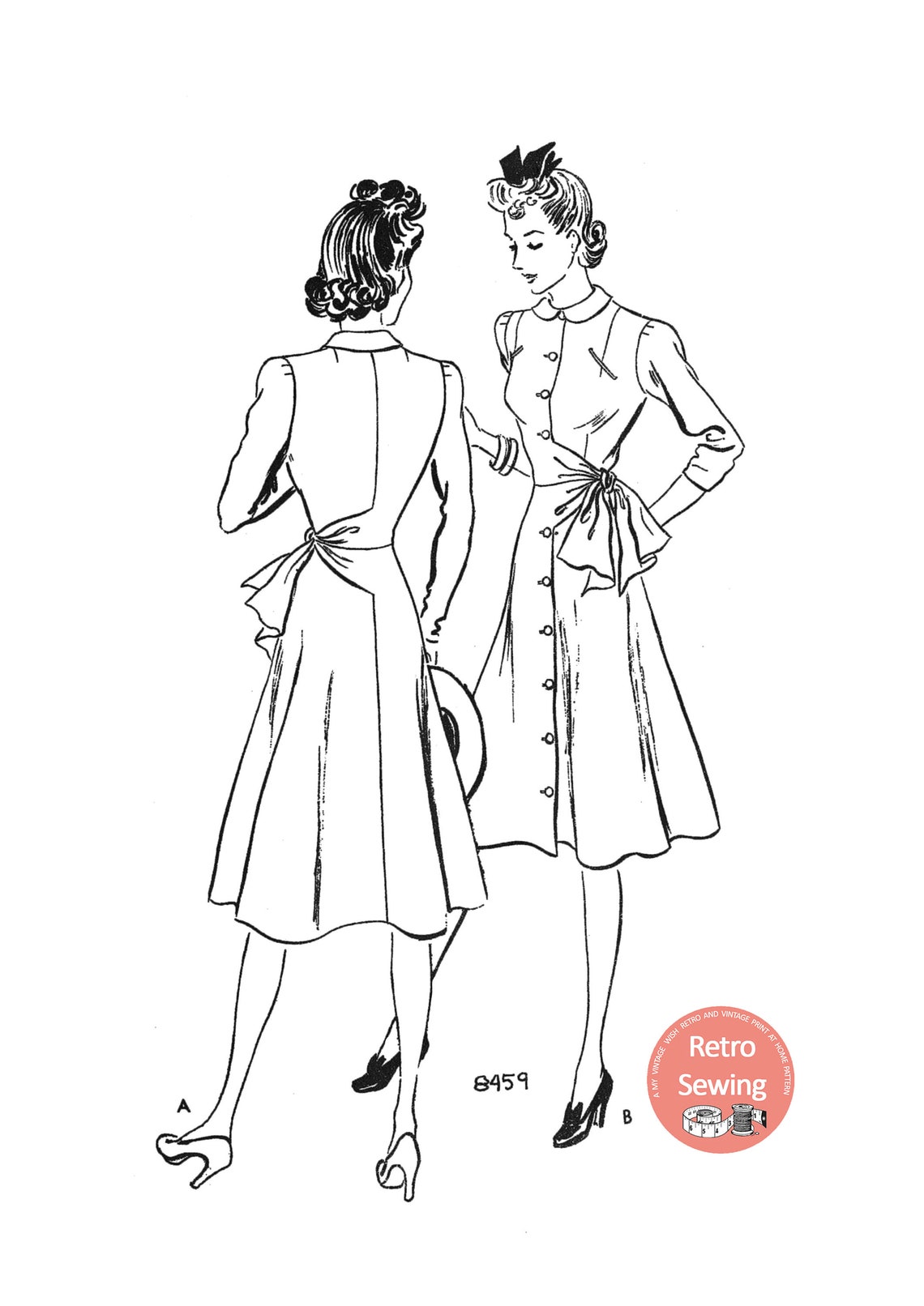 1940's Button Front Tea Dress Bust 34 PDF Sewing Pattern - Etsy