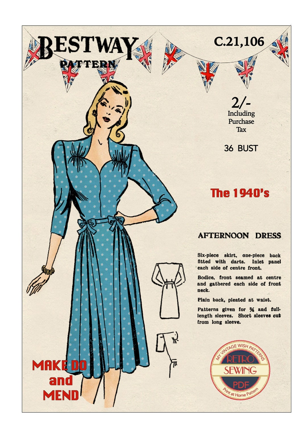 1940s Wartime Tea Dress PDF Print at Home Sewing Pattern Bust 36 - Etsy