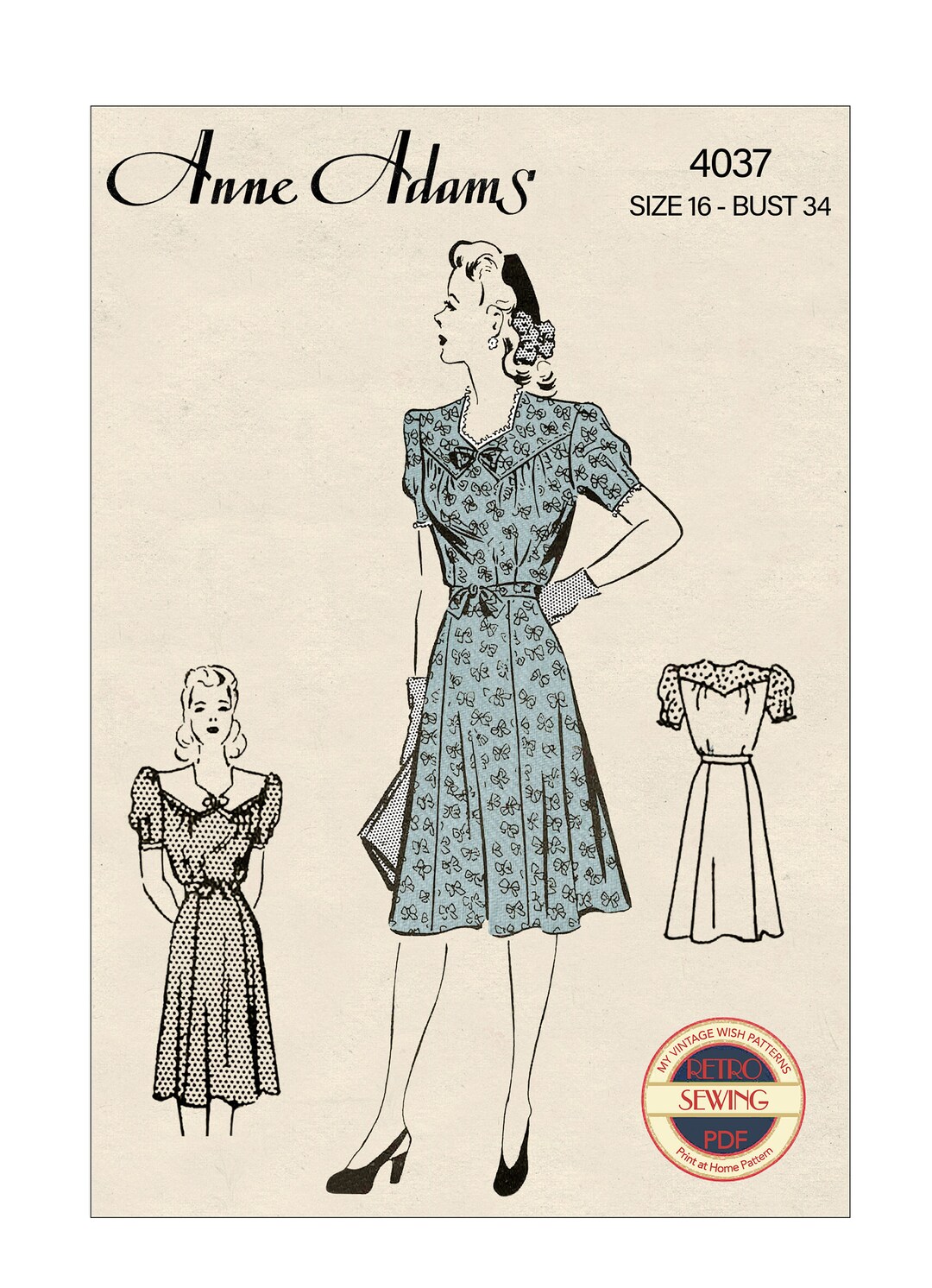 Pretty 1940s Tea Dress PDF Print at Home Sewing Pattern Bust 34 - Etsy