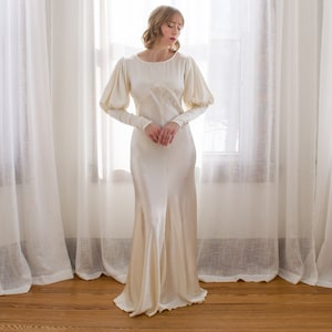 1930's Art Deco Satin Bias Cut Wedding Gown / Puffed Sleeves / Mutton ...