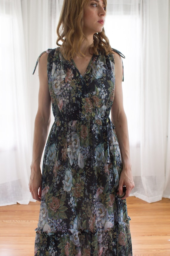 70s Vintage Sheer Pleated Floral Dress, Long Sleeve R… - Gem