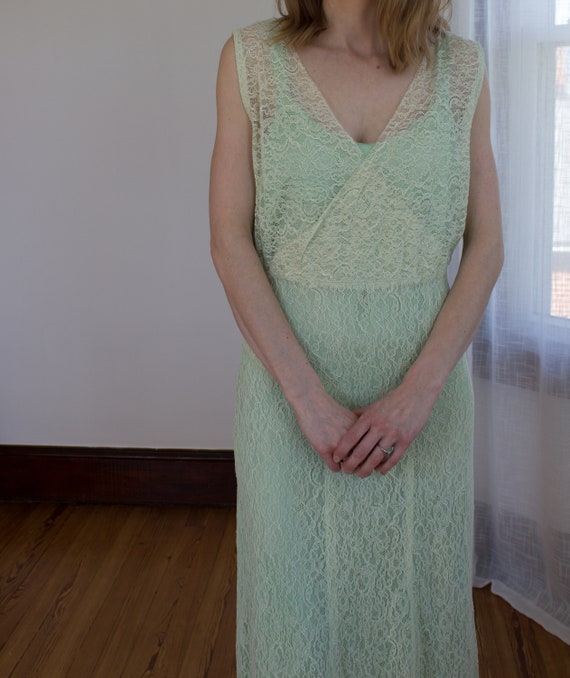 1930's chartreuse lace dress with matching bolero / S… - Gem