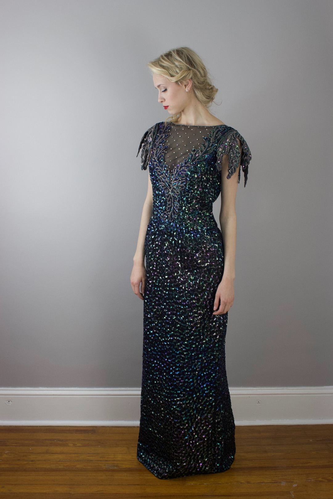 Vintage Mike Benet Formal Gown / Beaded / Sequins / Rhinestones / Size ...