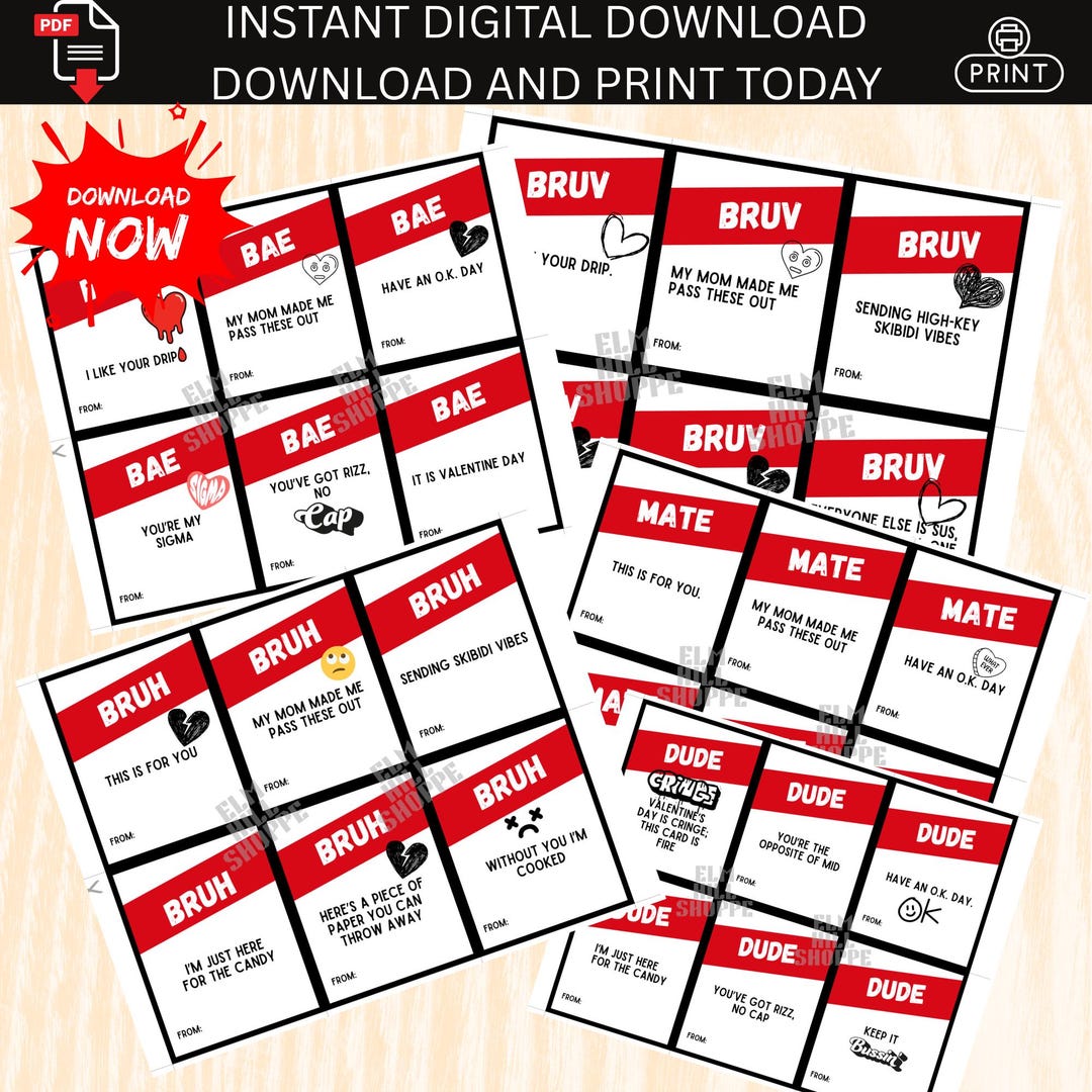 Meme Slang Kids Valentine's Day Cards, Funny Printable Classroom ...