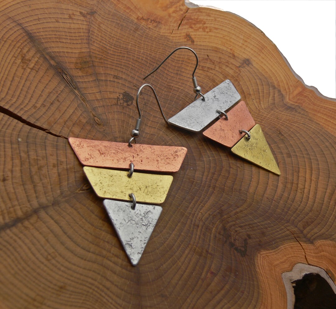 Geometrical Asymmetrical Triangle Earrings, Hammered Copper + Aluminum ...