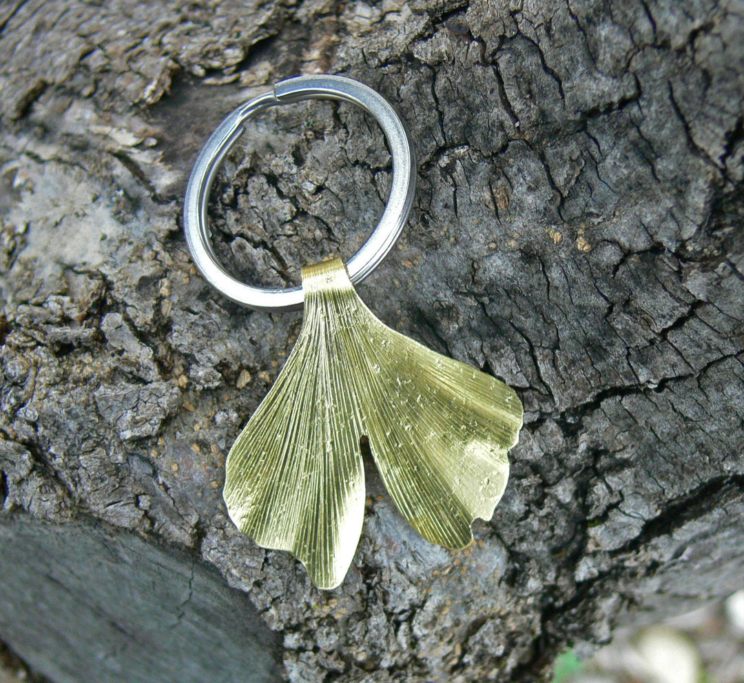 Ginkgo Key Chain, Hammered Brass Ginkgo Leaf, Stainless Steel Ring ...