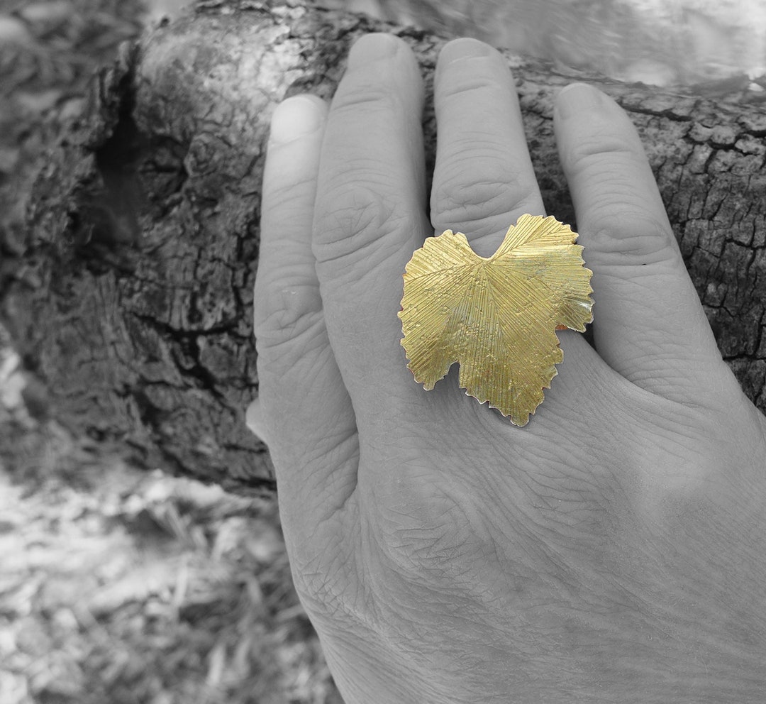 Grape Leaf Golden Ring, Hammered Brass Grape Leaf, Organic, Adjustable ...