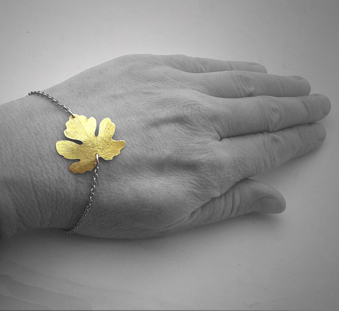 Golden Fig Leaf Bracelet, Hammered Brass Leaf, Stainless Steel ...