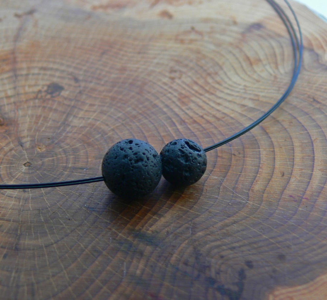 Lava Stone Minimalist Necklace, Black Lava Stone Bead, Stainless Steel ...