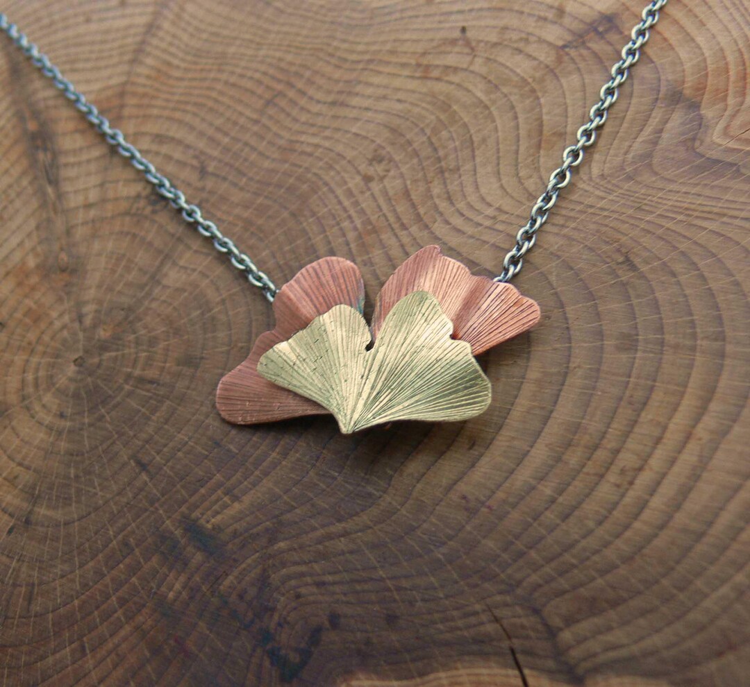 Hammered Ginkgo Necklace, Hammered Brass and Copper Ginkgo Leaves ...
