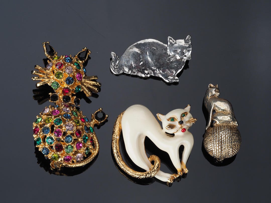 Silver Cat Brooch Collection, Rhinestone Cat Brooch, Vintage Cat Brooch ...