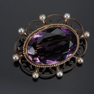Scottish Gold Brooch, Faceted Oval Amethyst and Pearl Pin, Large ...