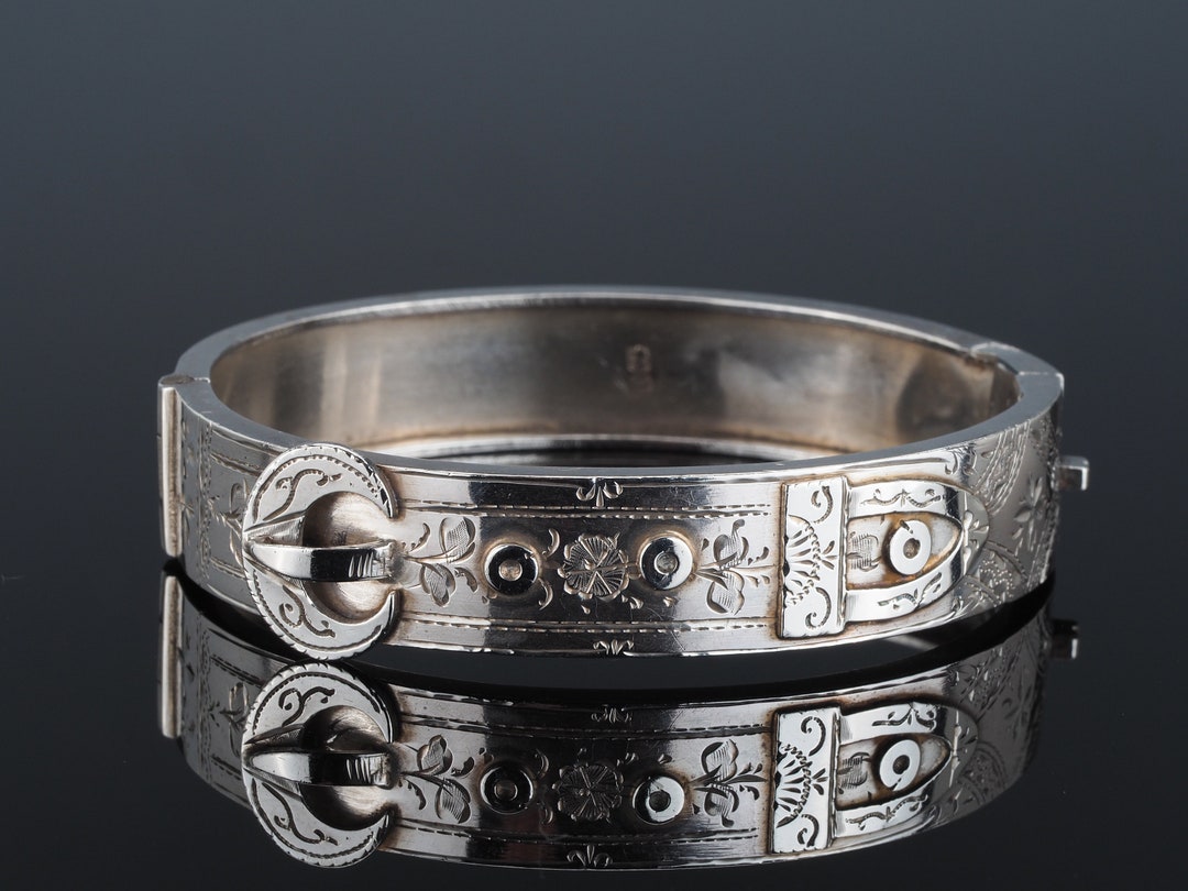 Victorian Silver Belt Buckle Bangle, Antique Bracelet, Floral Slim ...