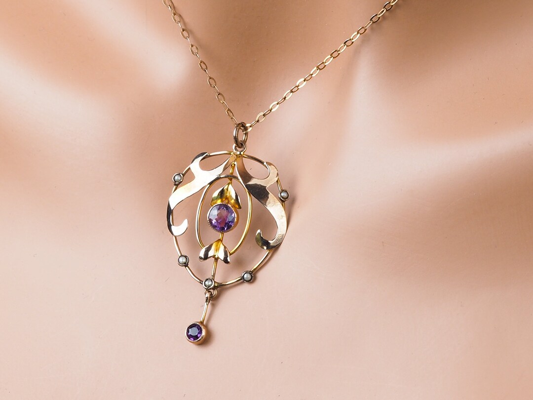Antique Lavalier Gold Pendant Necklace, Amethyst Gemstone Jewellery ...