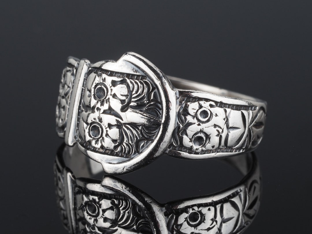 Vintage Silver Belt Buckle Ring With Floral Pattern, Stackable Unisex ...