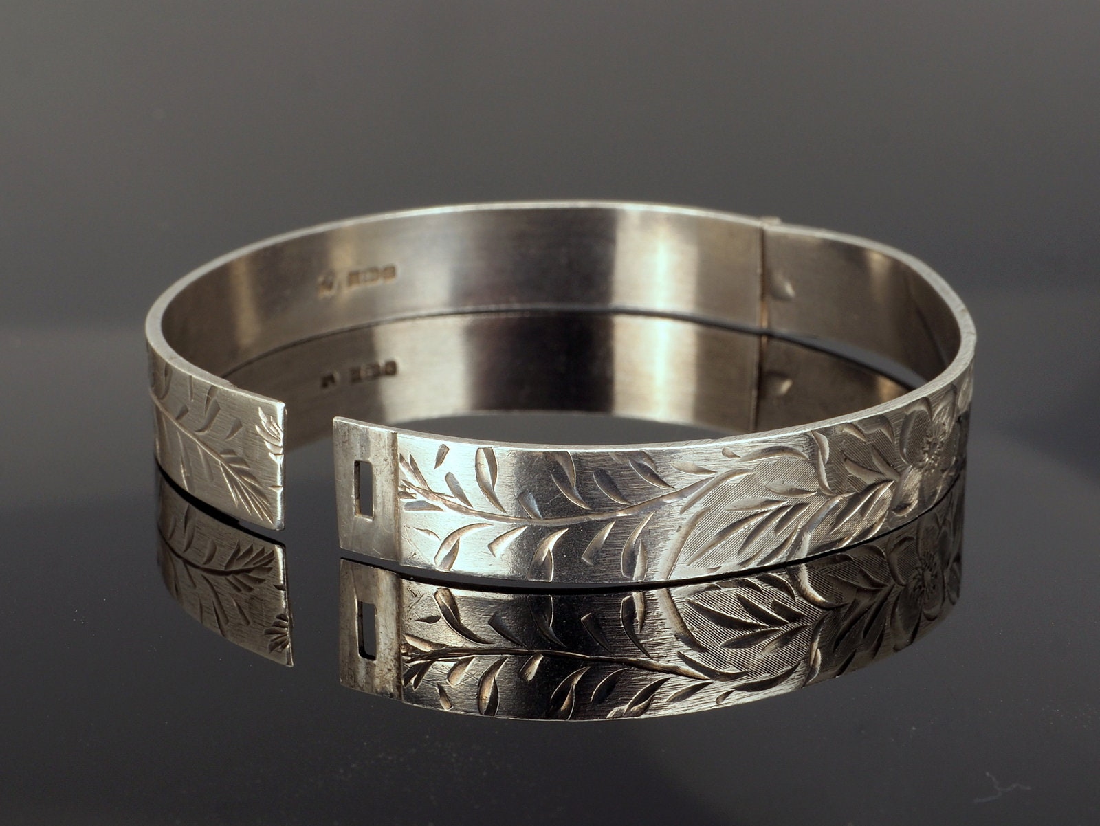 Silver Bangle Bracelet, Vintage Floral Cuff Bracelet, Easy Fasten ...