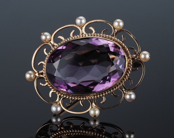 Scottish Gold Brooch, Faceted Oval Amethyst and Pearl Pin, Large ...