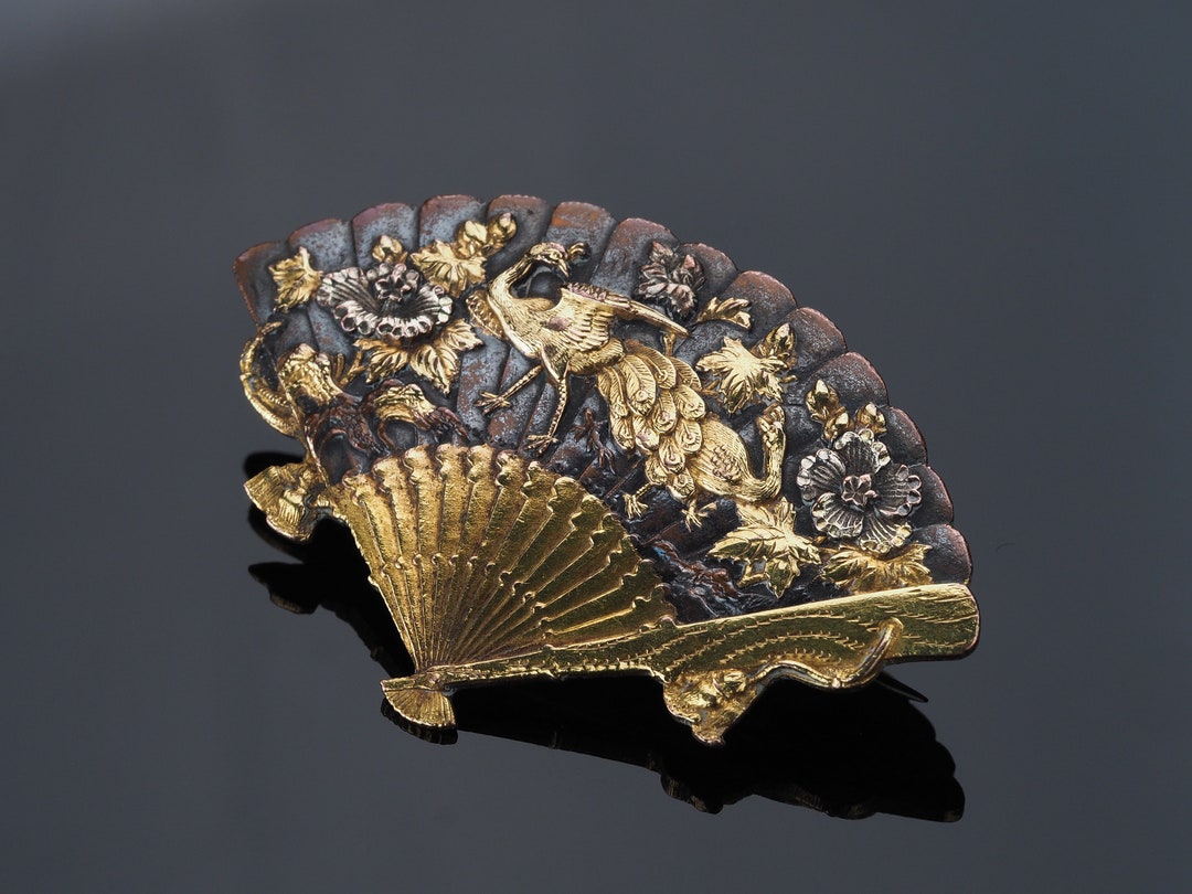 Japanese Shakudo Fan Brooch Pin, Antique Meiji Period Crane Bird Floral ...