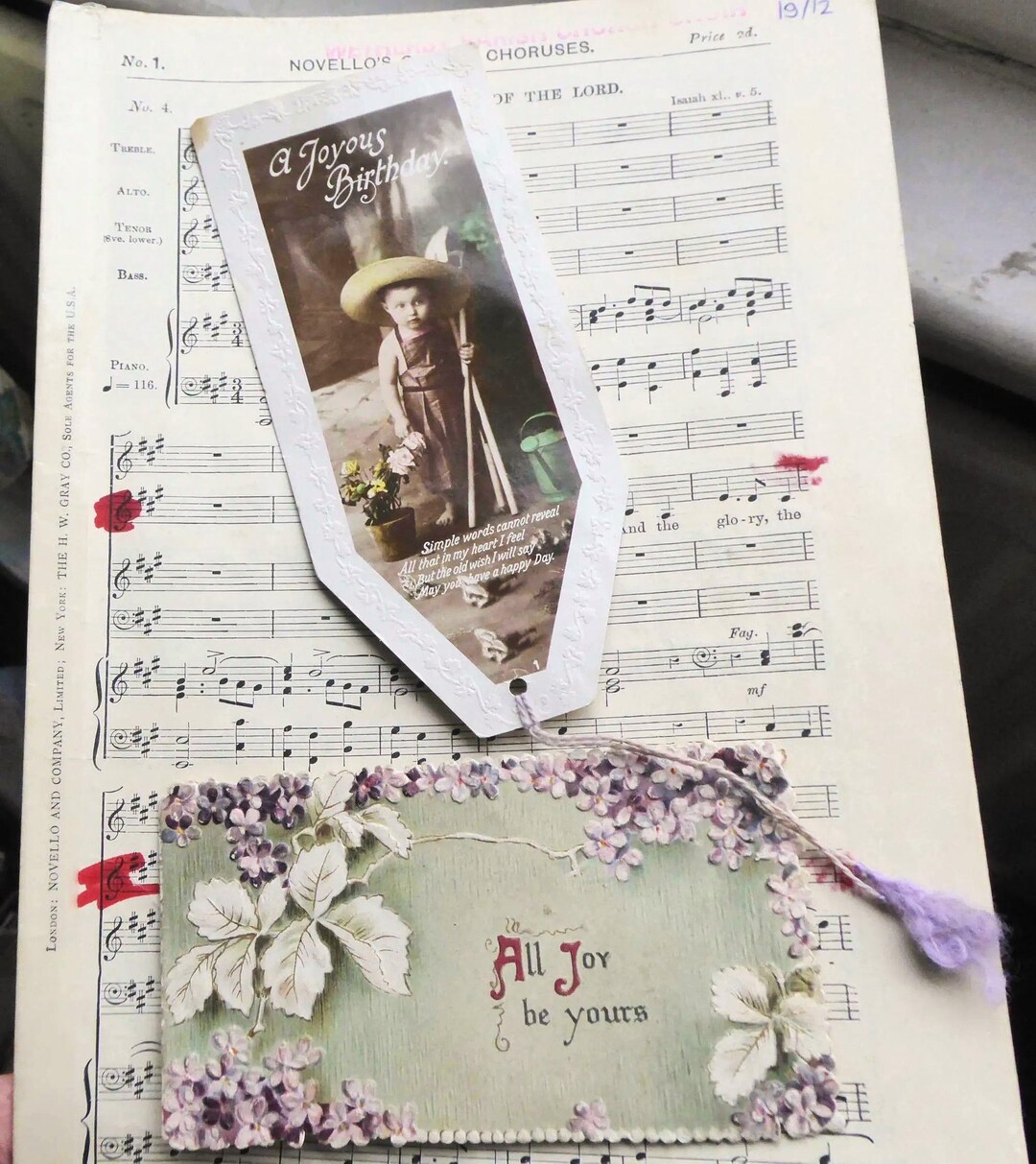 Two Delightful Edwardian Cards One New Year One Birthday Card Bookmark ...