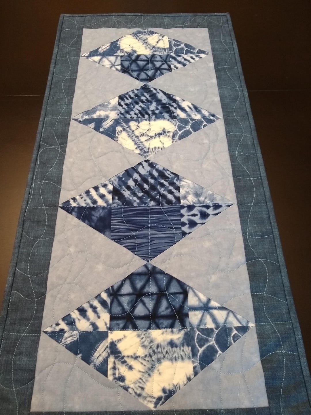 Modern Japanese Shibori & Batiks Quilted Runner3,, Blue, White, Diamond ...