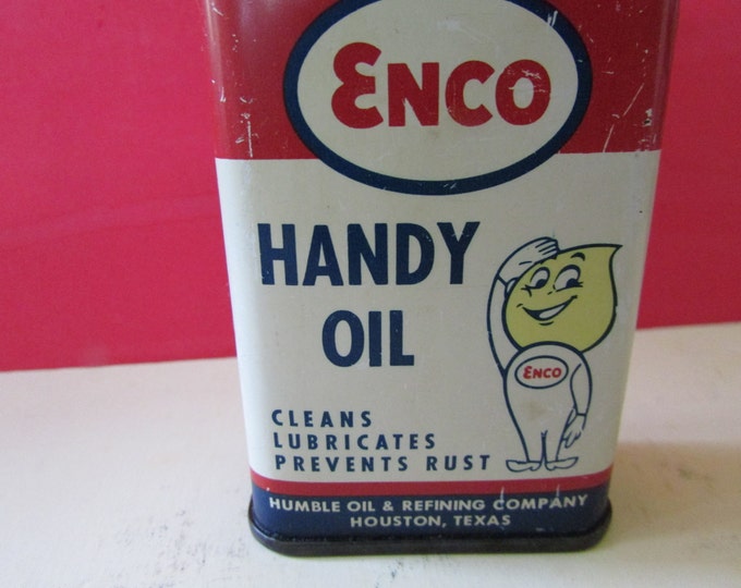 Old Vintage Enco Handy Oil 4oz Houston Tx USA Tin Litho Handy Oiler Can ...