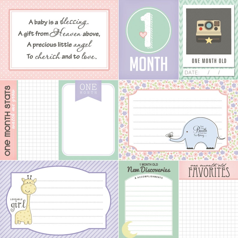 1 Month Old Baby Girl Journal Cards. Digital Scrapbooking. Project Life ...