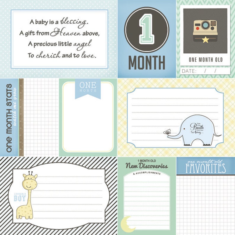 1 Month Old Journal Cards. Baby Boy Digital Scrapbooking. Project Life ...