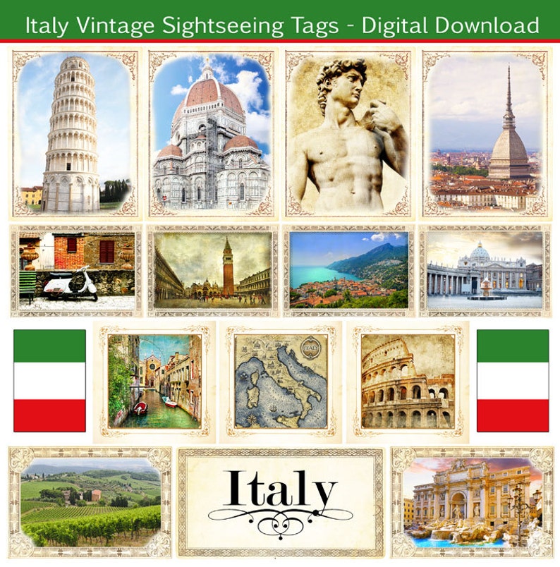 Italy Vintage Tags. Embellishments. Digital Scrapbooking. Instant ...