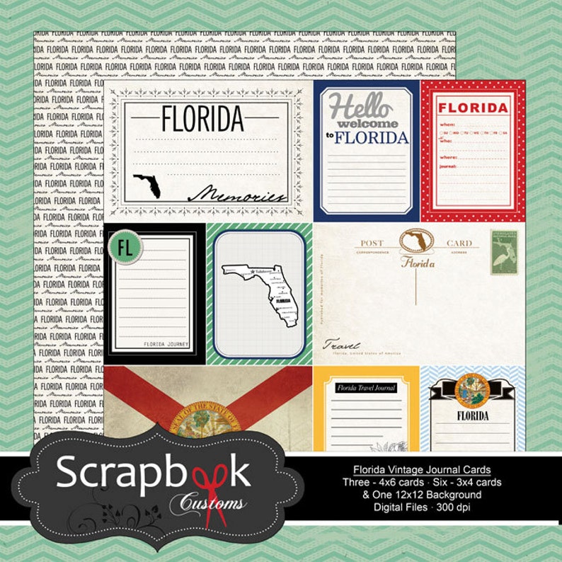 Florida Vintage Journal Cards. Digital Scrapbooking. Project Life ...