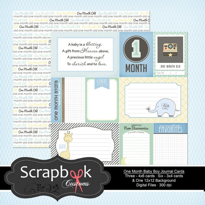 1 Month Old Journal Cards. Baby Boy Digital Scrapbooking. Project Life ...