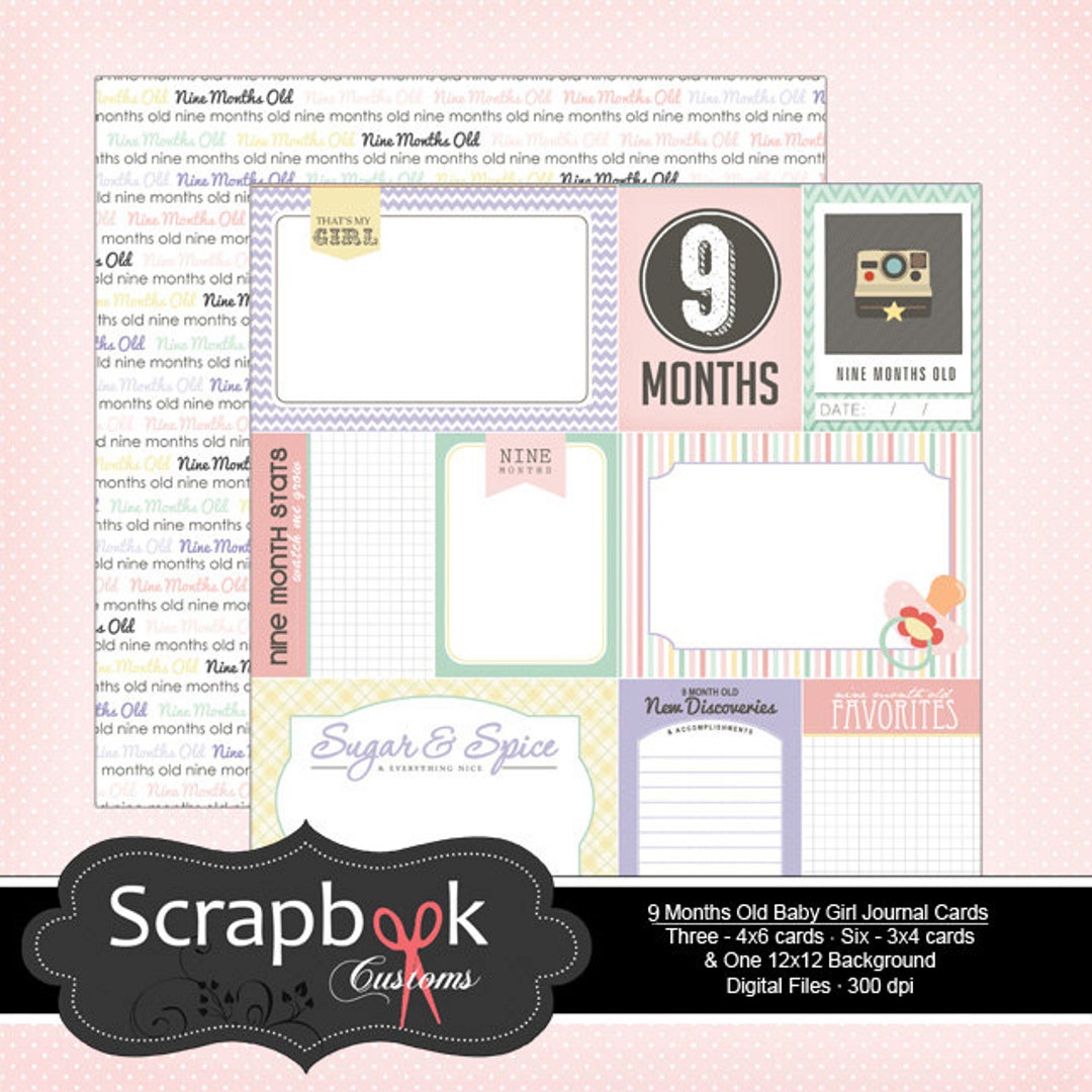 9 Months Old Baby Girl Journal Cards. Digital Scrapbooking. Project ...