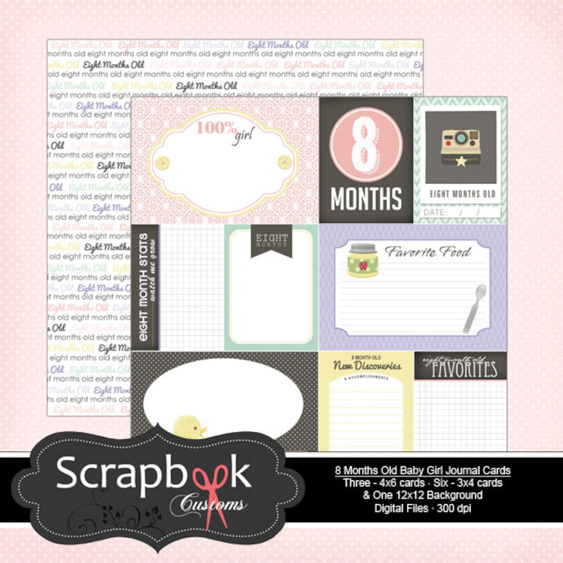 8 Months Old Baby Girl Journal Cards. Digital Scrapbooking. - Etsy