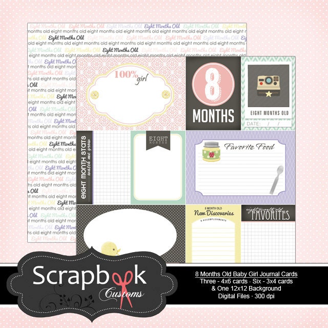 8 Months Old Baby Girl Journal Cards. Digital Scrapbooking. - Etsy